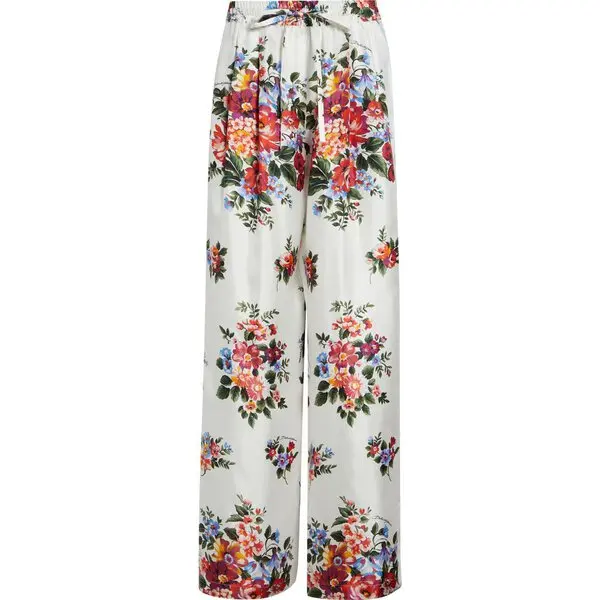 Dolce & Gabbana Floral Bouquet Print Silk Twill Drawstring Pants - Mazz.fiori F.bianco