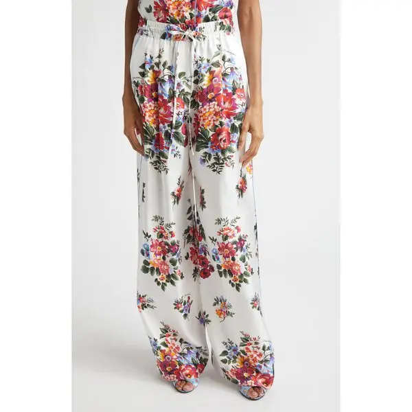 Dolce & Gabbana Floral Bouquet Print Silk Twill Drawstring Pants - Mazz.fiori F.bianco
