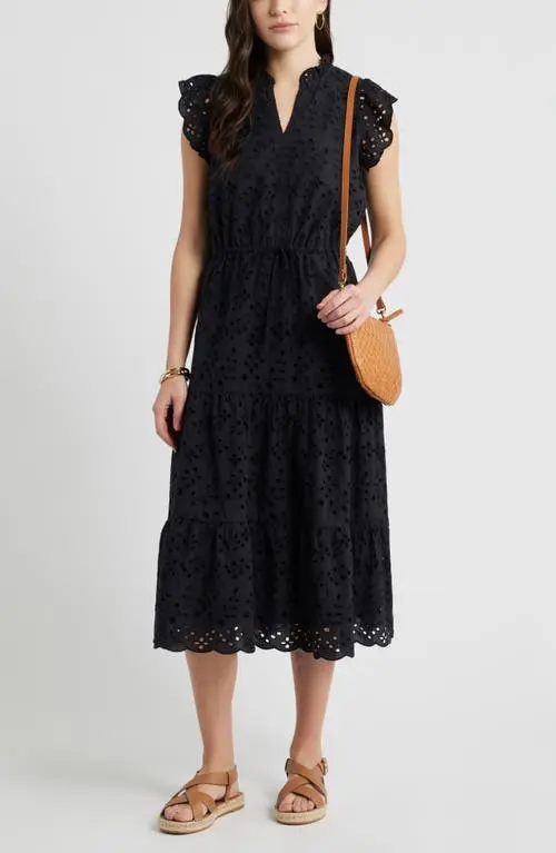 Caslon Ruffle Flutter Sleeve Cotton Broderie Anglaise Midi Dress - Black