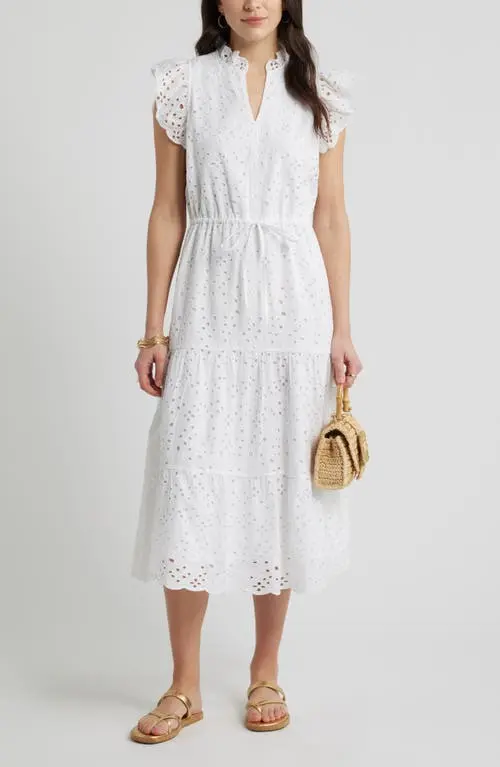 Caslon Ruffle Flutter Sleeve Cotton Broderie Anglaise Midi Dress - White