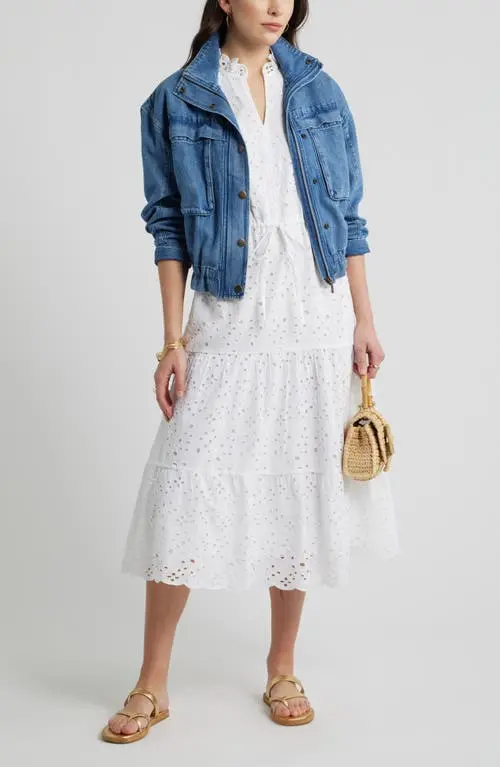 Caslon Ruffle Flutter Sleeve Cotton Broderie Anglaise Midi Dress - White