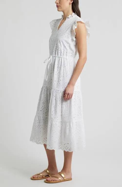Caslon Ruffle Flutter Sleeve Cotton Broderie Anglaise Midi Dress - White