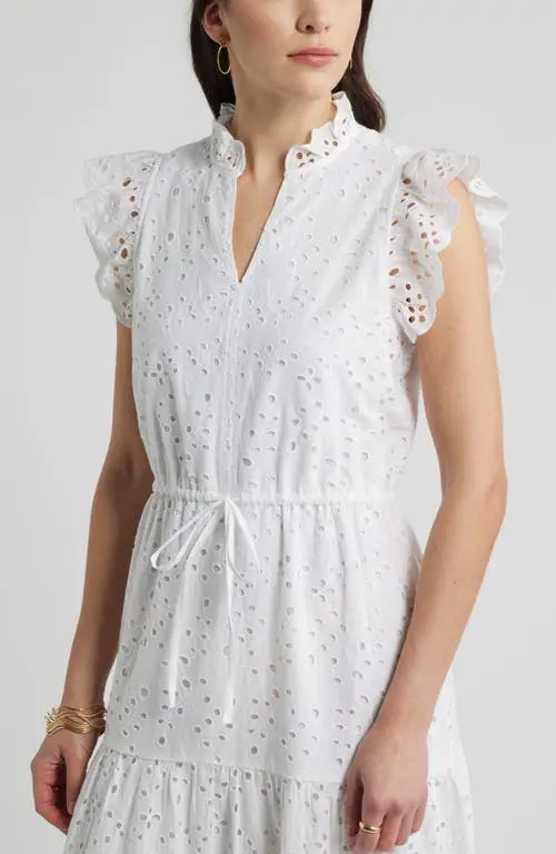 Caslon Ruffle Flutter Sleeve Cotton Broderie Anglaise Midi Dress - White