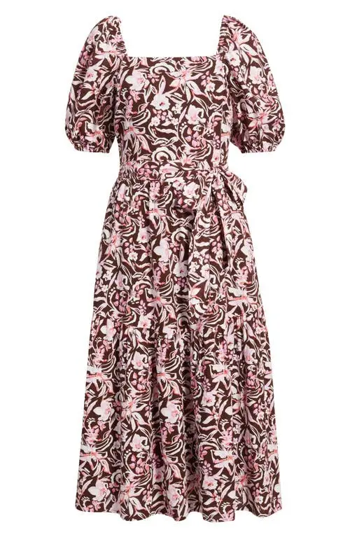 Caslon Puff Sleeve Linen Blend Midi Dress - Brown Chocolate Daisy Garden
