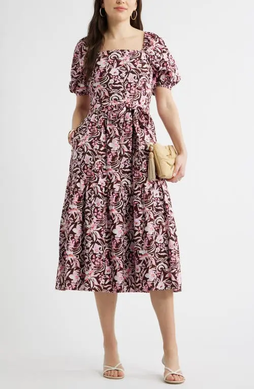 Caslon Puff Sleeve Linen Blend Midi Dress - Brown Chocolate Daisy Garden