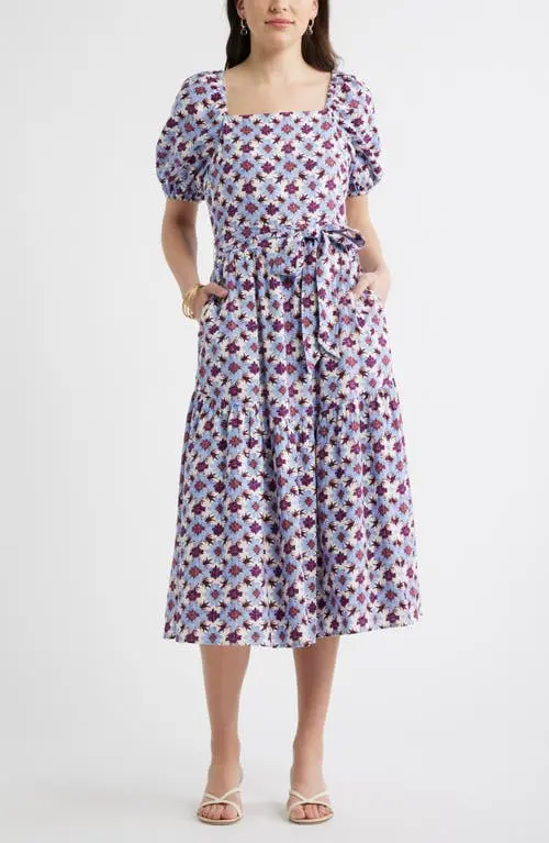 Caslon Puff Sleeve Linen Blend Midi Dress - Ivory- Purple Millie Tile