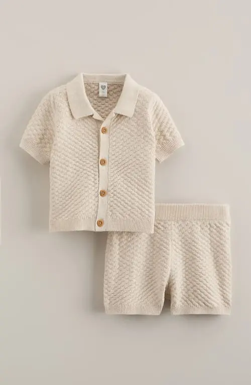 Nordstrom Short Sleeve Knit Button-up Shirt & Shorts Set - Beige Oatmeal Light Heather