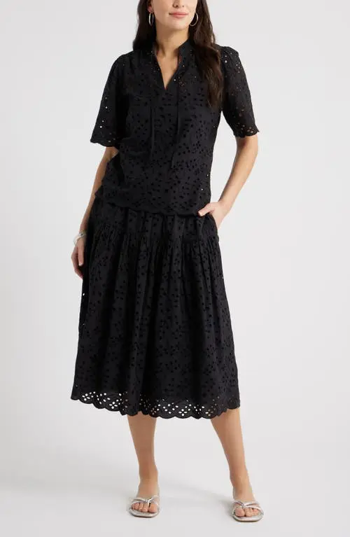 Caslon Smocked Waist Eyelet Midi Skirt - Black