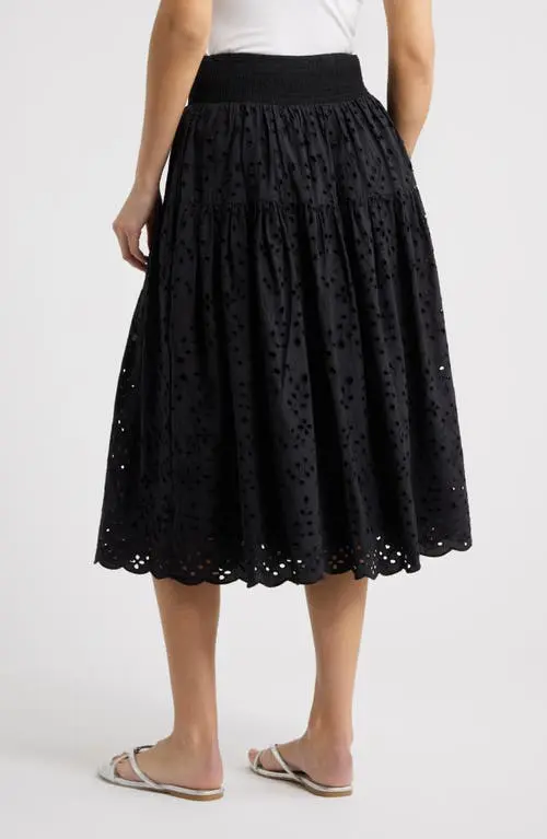 Caslon Smocked Waist Eyelet Midi Skirt - Black