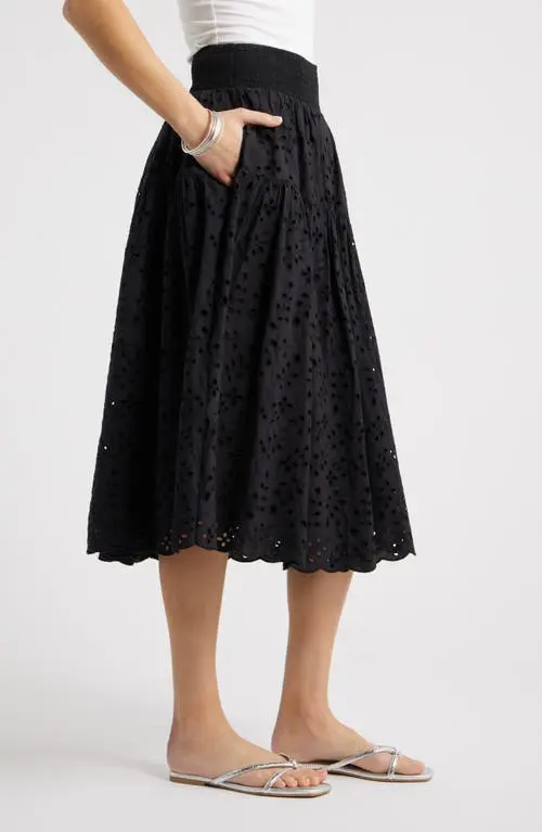 Caslon Smocked Waist Eyelet Midi Skirt - Black