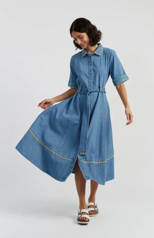Chinti & Parker Chambray Shirt Dress With Buttercup Embroidery