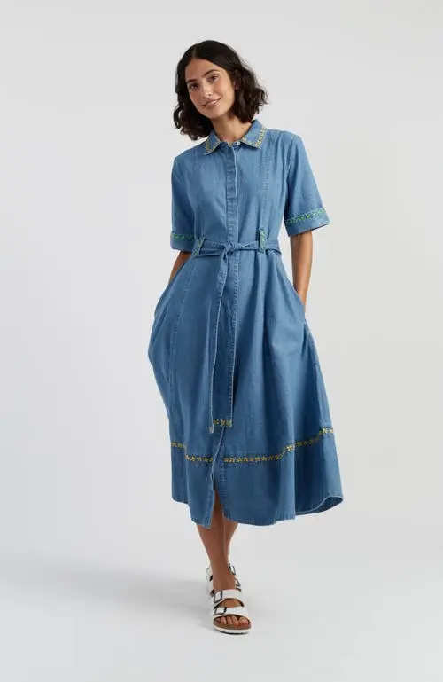 Chinti & Parker Chambray Shirt Dress With Buttercup Embroidery