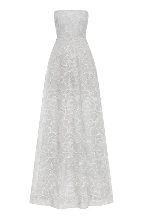 SAU LEE Floral Embroidered Strapless Gown