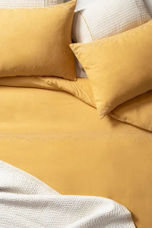 ZSA ZSA ZSU Mino Embroidered Cotton Linen Blend Duvet Cover Set - Mustard