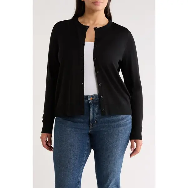 Caslon Merino Wool Blend Crewneck Cardigan - Black
