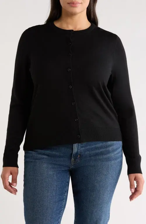 Caslon Merino Wool Blend Crewneck Cardigan - Black