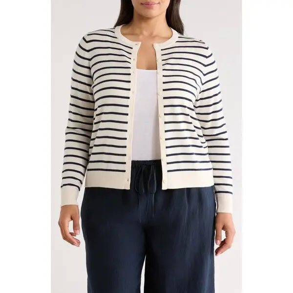 Caslon Crewneck Merino Wool Blend Cardigan - Ivory- Navy Josephine Stripe