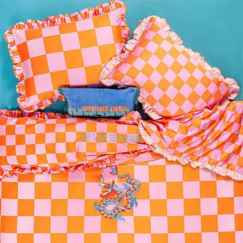 ZSA ZSA ZSU Lahor Modern Checked 300 Tc Cotton Sateen Duvet Set - Orange