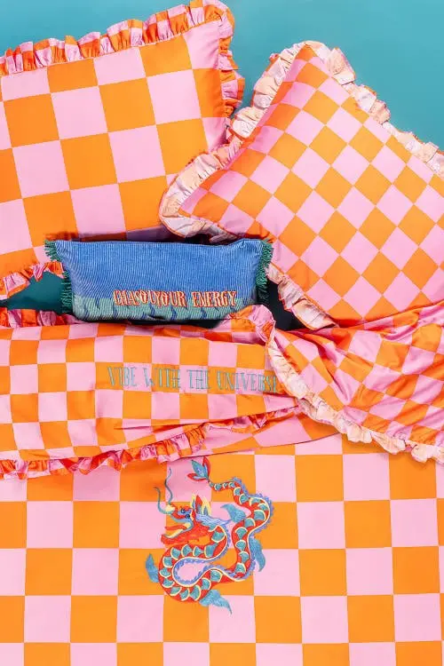 ZSA ZSA ZSU Lahor Modern Checked 300 Tc Cotton Sateen Duvet Set - Orange