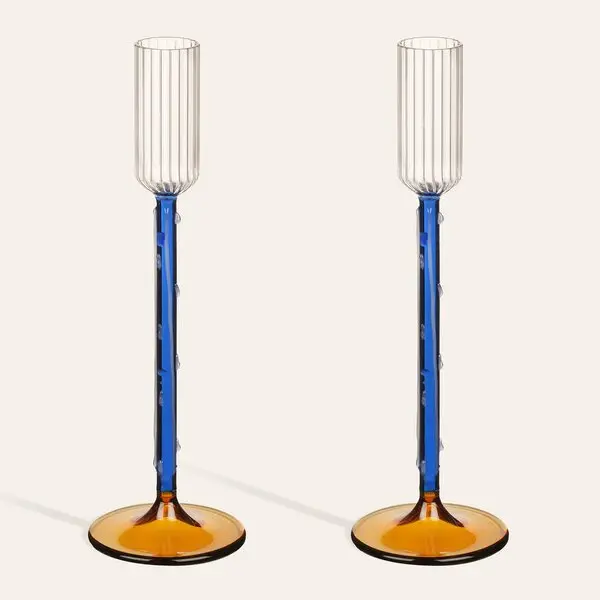 ZSA ZSA ZSU Nanjing Borosilicate Glass Candlestick Set Of 2 - Blue