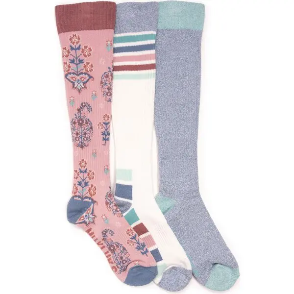 MUK LUKS Assorted 3-pack Cotton Blend Knee High Compression Socks - Blush/blue