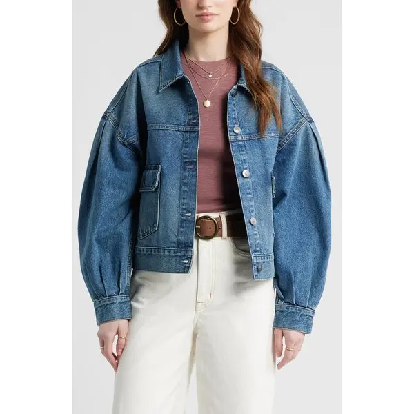 Treasure & Bond Puff Sleeve Denim Trucker Jacket - Mid Indigo Wash