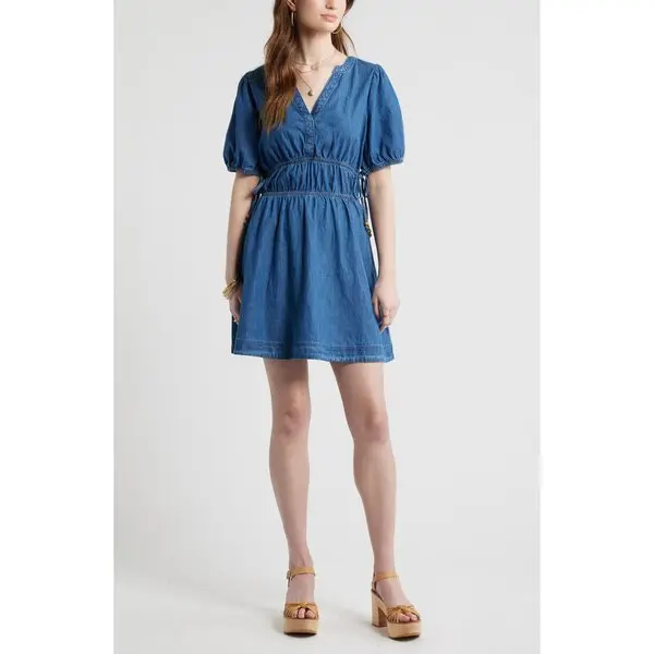 Treasure & Bond Cotton Chambray Mini Dress - Medium Wash