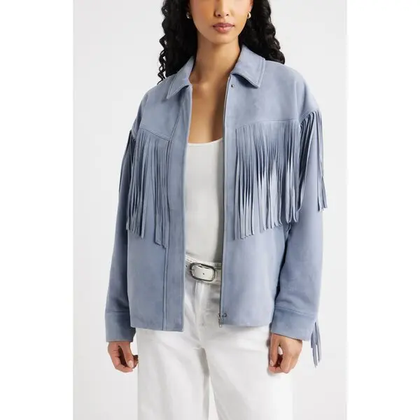 OPEN EDIT Fringe Suede Jacket - Blue Umbra
