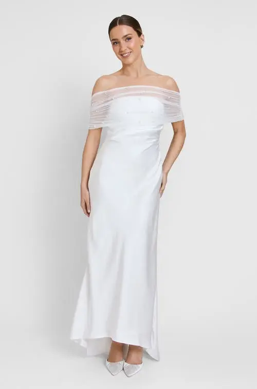 SIX STORIES Beaded Satin Midaxi Dress - White