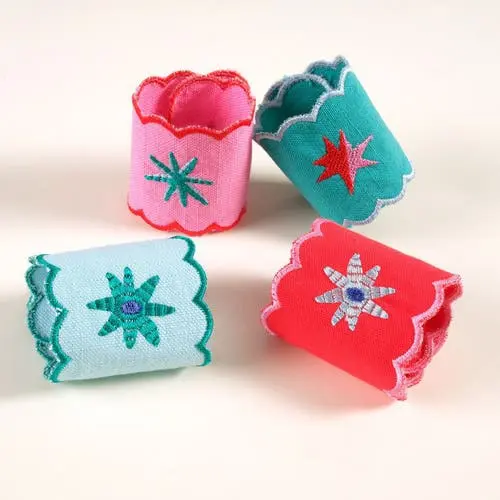 ZSA ZSA ZSU Nilufer 4pcs Digital Printed Embroidered 100% Cotton Napkin Ring Set 2x7 - Multicolor