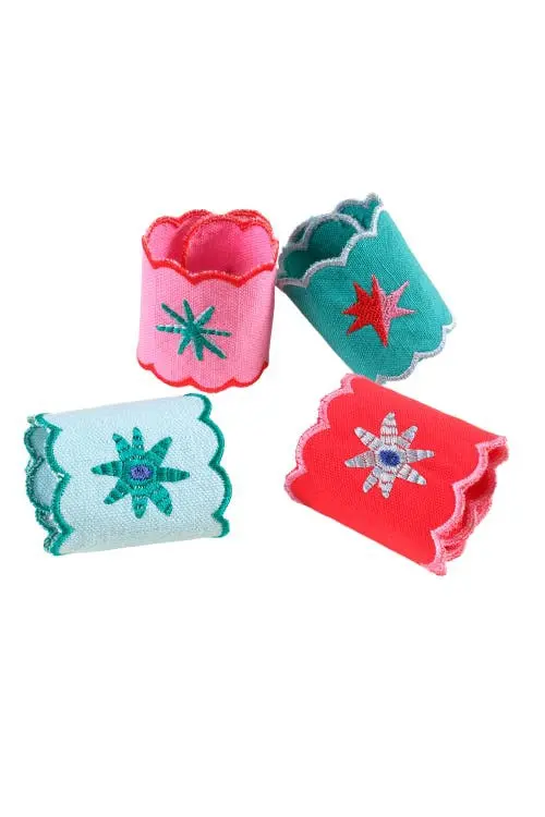 ZSA ZSA ZSU Nilufer 4pcs Digital Printed Embroidered 100% Cotton Napkin Ring Set 2x7