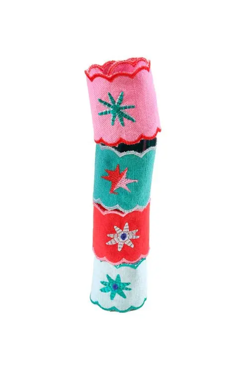 ZSA ZSA ZSU Nilufer 4pcs Digital Printed Embroidered 100% Cotton Napkin Ring Set 2x7