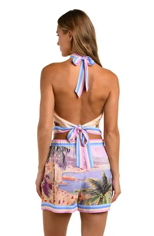 L'Agence Kochi Postcard Print Halter Crop Cover-up Top - Pink Multi