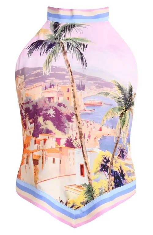 L'Agence Kochi Postcard Print Halter Crop Cover-up Top - Pink Multi