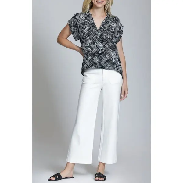 APNY Geo Print Faux Wrap Woven Shirt - Blackwhite