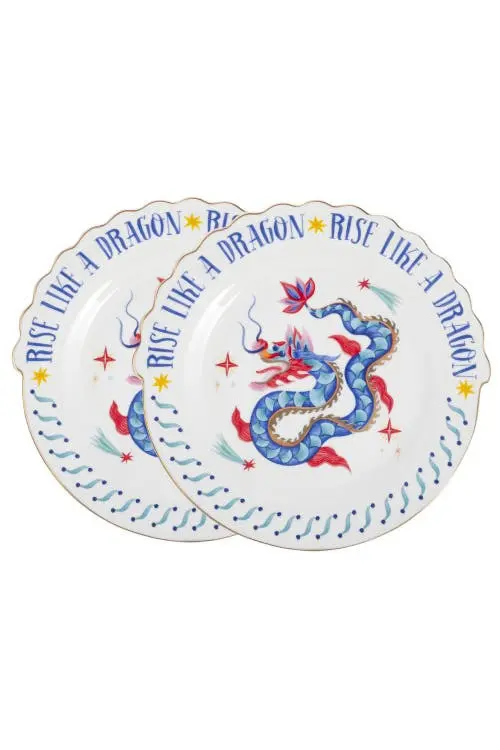 ZSA ZSA ZSU Luohu Porcelain Dessert Plate Dragon 8" Set Of 3 - White