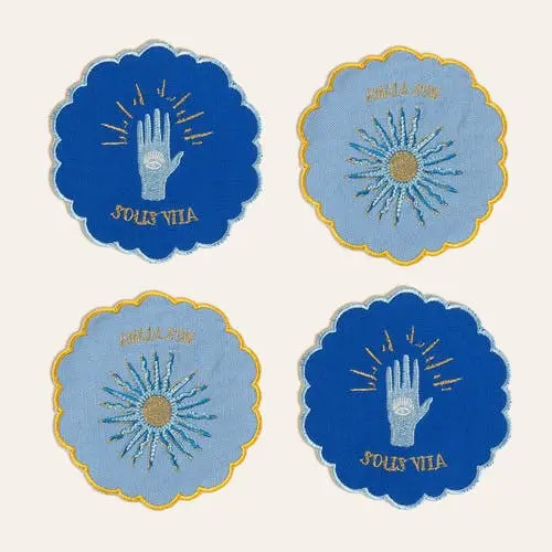 ZSA ZSA ZSU Nilufer 4 Pcs Digital Printed Overlocked Embroidered 100% Cotton Coaster Set - Blue