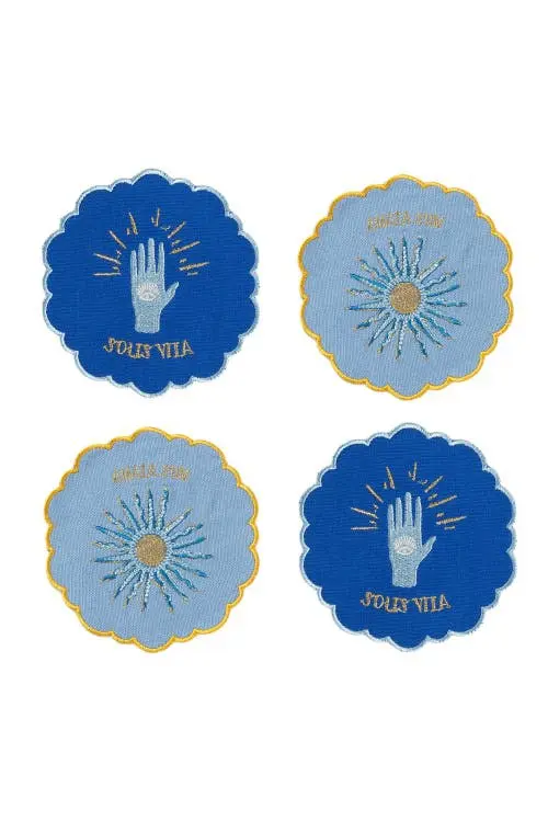 ZSA ZSA ZSU Nilufer 4 Pcs Digital Printed Overlocked Embroidered 100% Cotton Coaster Set - Blue