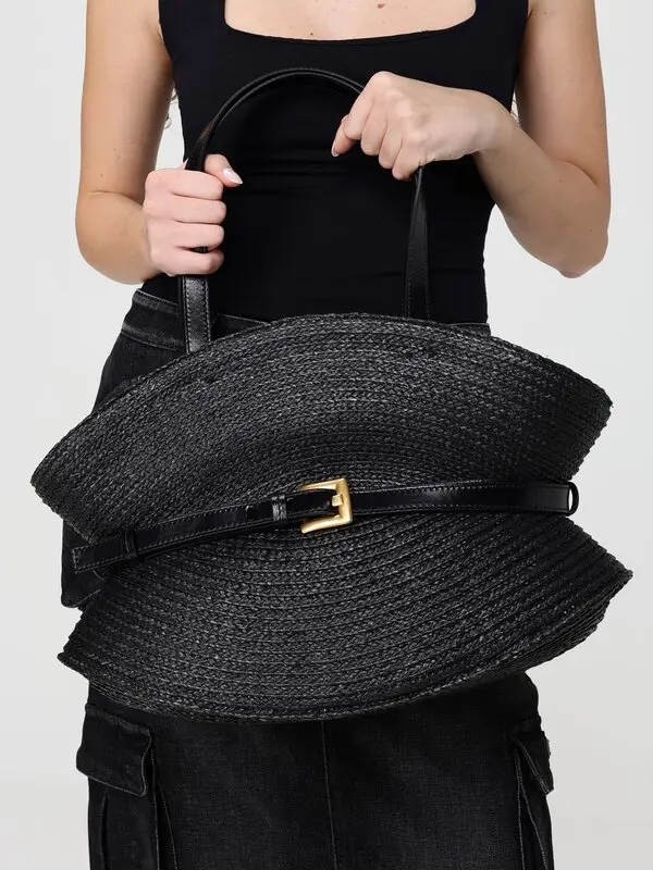Balmain Shuffle Raffia And Leather Bag - Black
