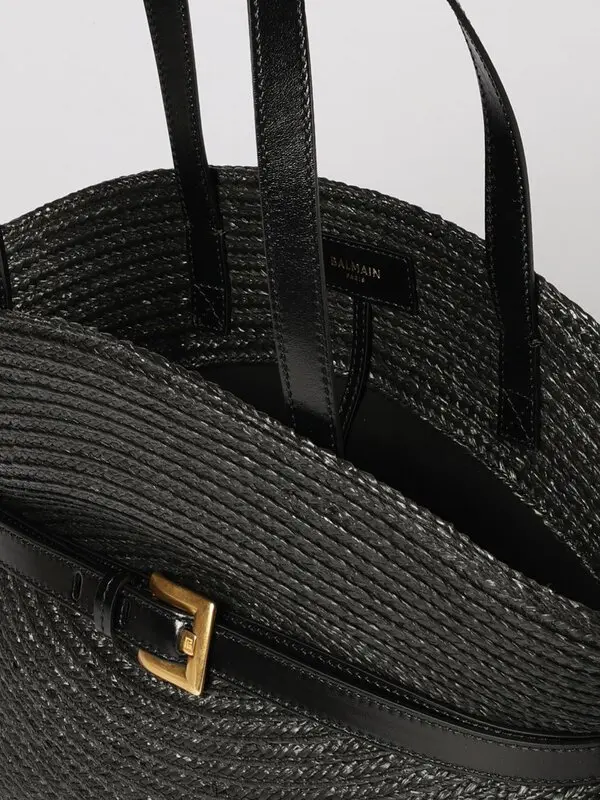 Balmain Shuffle Raffia And Leather Bag - Black
