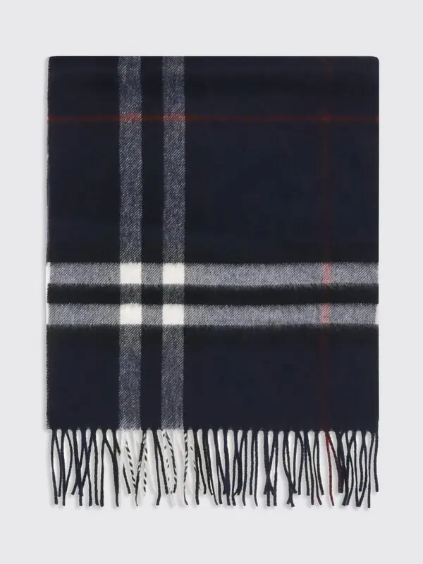 Burberry Fringed Check Scarf In Pure Cashmere - Blue