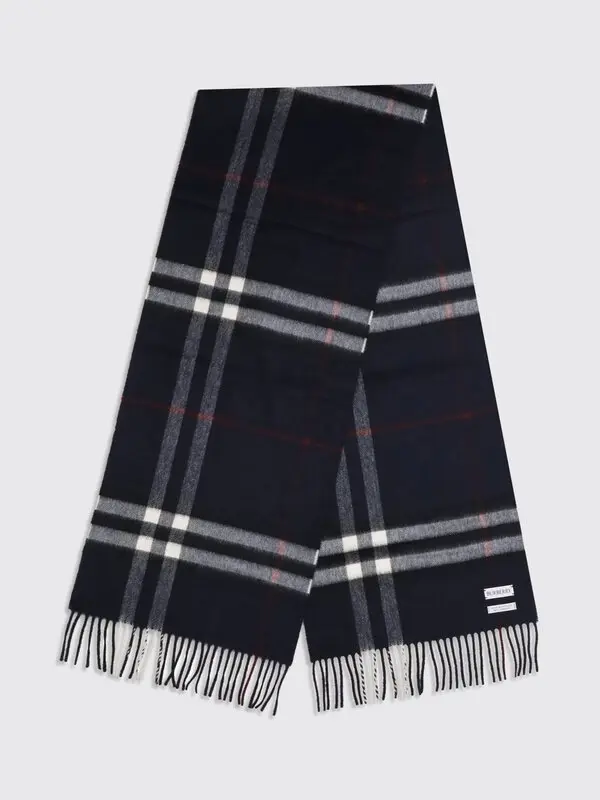 Burberry Fringed Check Scarf In Pure Cashmere - Blue