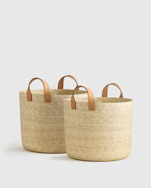 Quince Handwoven Round Palm Baskets With Leather Handles