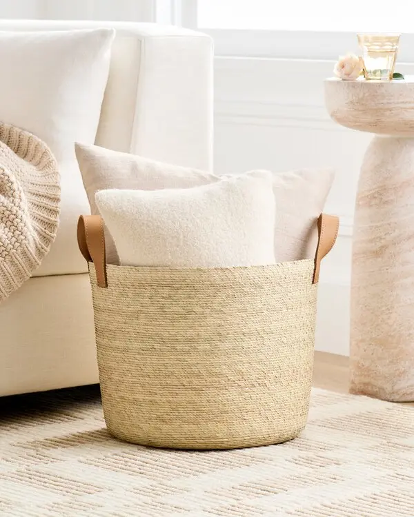 Quince Handwoven Round Palm Baskets With Leather Handles