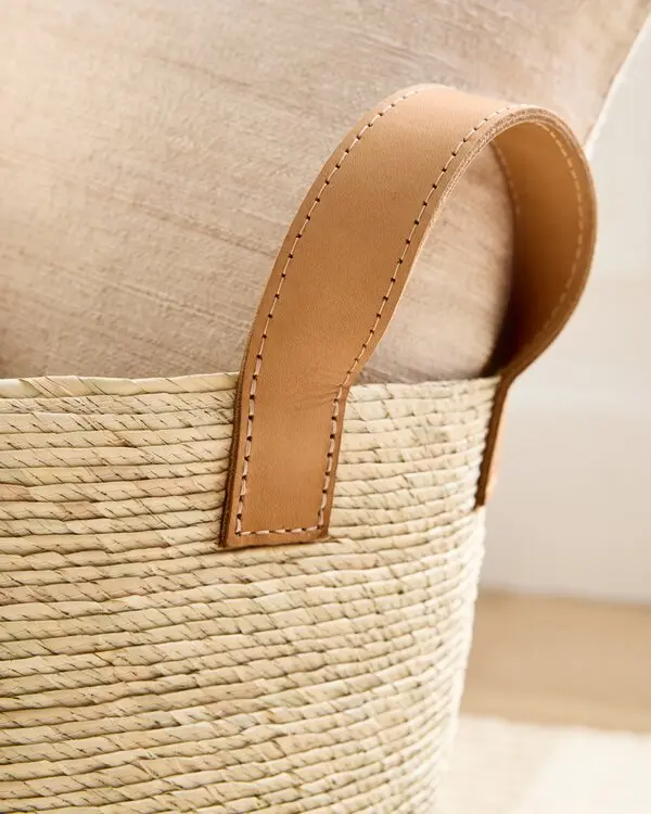 Quince Handwoven Round Palm Baskets With Leather Handles