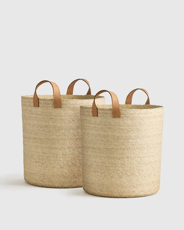 Quince Handwoven Round Palm Baskets With Leather Handles