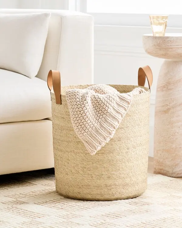 Quince Handwoven Round Palm Baskets With Leather Handles