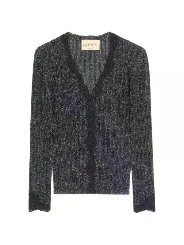 Valentino Garavani Lurex Knit Cardigan With Lace Trim - Black