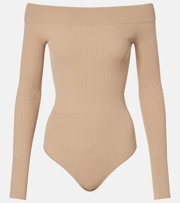 Alaïa Ribbed-knit Off-shoulder Bodysuit - Beige