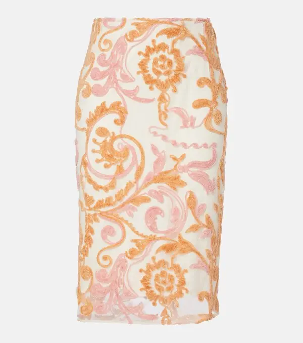 XU ZHI Embroidered Velvet And Tulle Midi Skirt - Orange